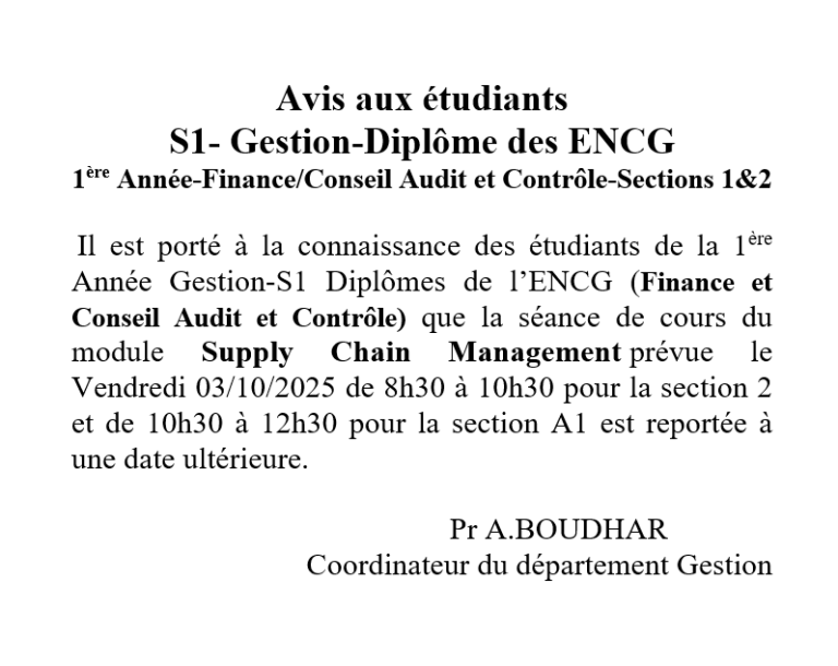 Avis aux étudiants – S1- Gestion-Diplôme des ENCG – ENCG – Béni Mellal